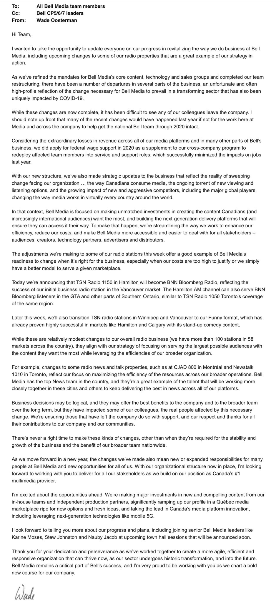 Oosterman memo says changes are "now complete" (UPDATED) - Cartt.ca