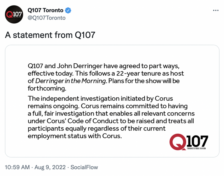 Corus’ Q107 and morning show host John Derringer part ways - Cartt.ca